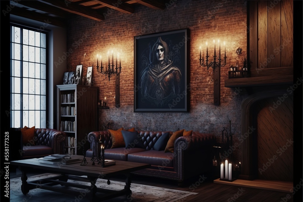 Stockillustratie Gothic fantasy dungeon style living room interior with ...