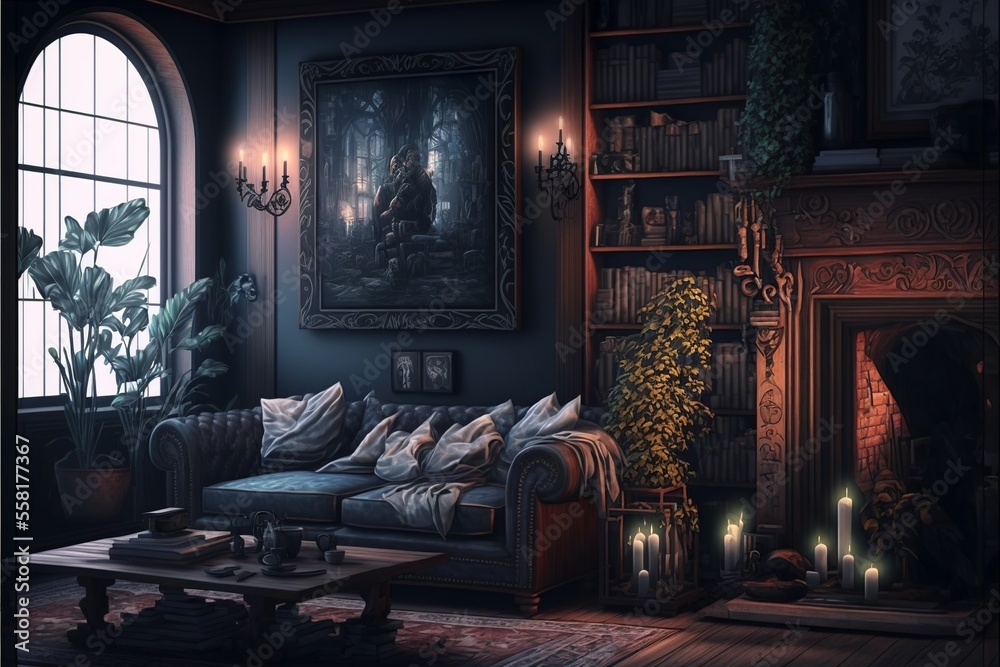 Gothic style victorian living room fantasy dungeon interior with wooden ...