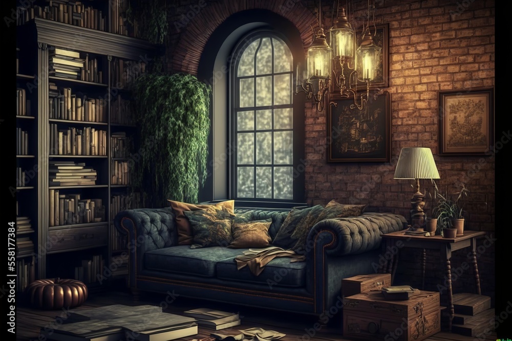 Gothic style victorian living room fantasy dungeon interior with wooden ...
