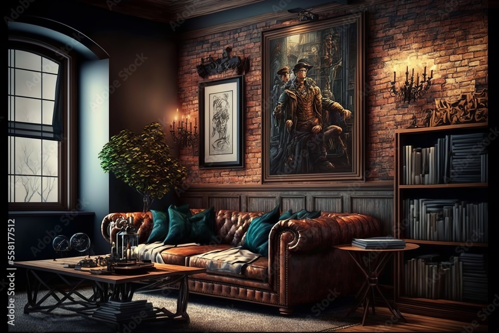 Gothic style victorian living room interior with wooden and brick wall ...