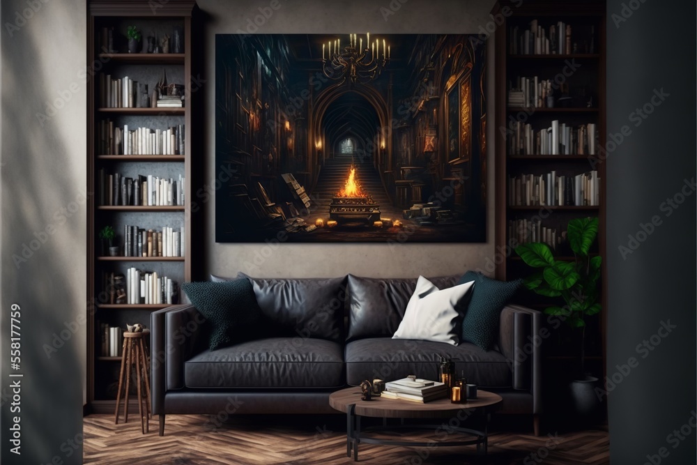 Gothic style victorian living room interior with wooden and brick wall ...