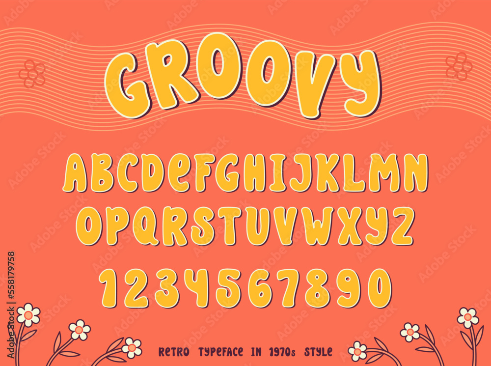 Font design in modern groovy style. Set of letters and numbers ...
