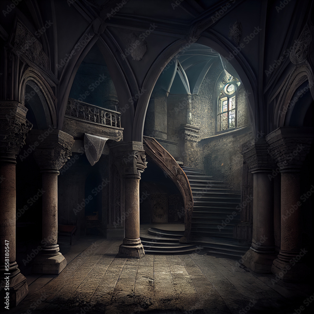 Generative AI: interior of medieval castle with stairs and arches Stock ...