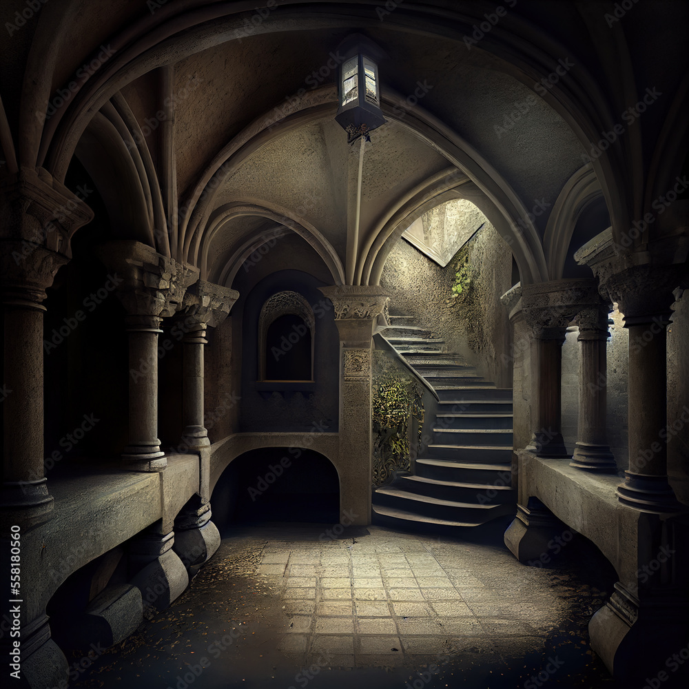 Generative AI: interior of medieval castle with stairs and arches Stock ...