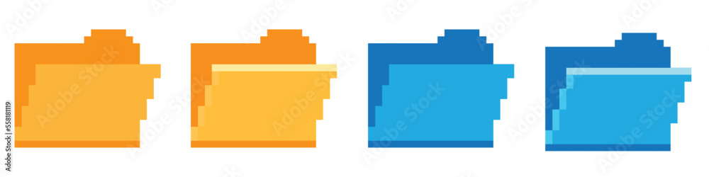 Set folder. Pixel art icon. Isolated vector illustration. Old school computer graphic style. 8 ...