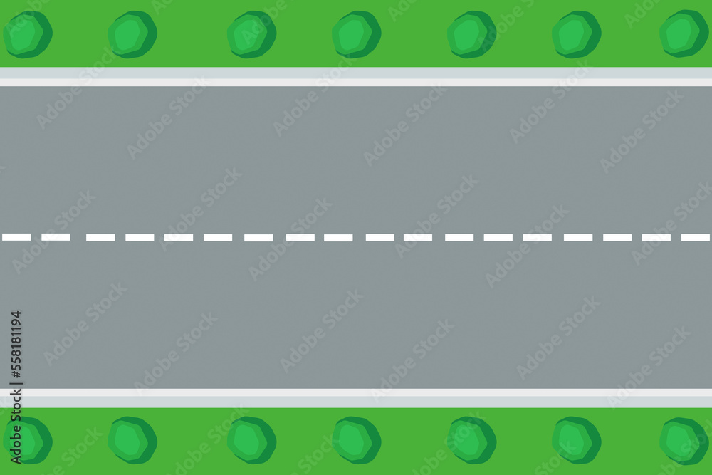 Empty roads with one way lane, road markings, grass, bushes and trees ...