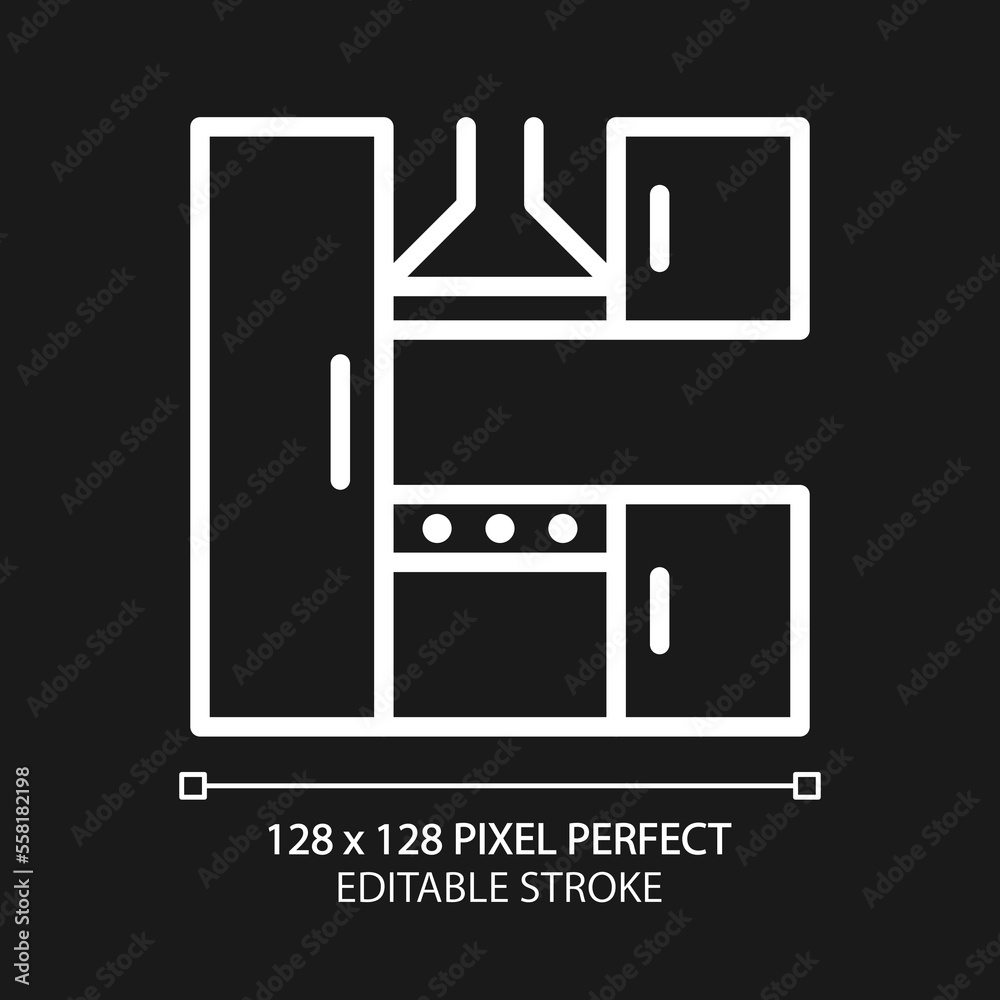 Kitchen set pixel perfect white linear icon for dark theme. Countertops ...
