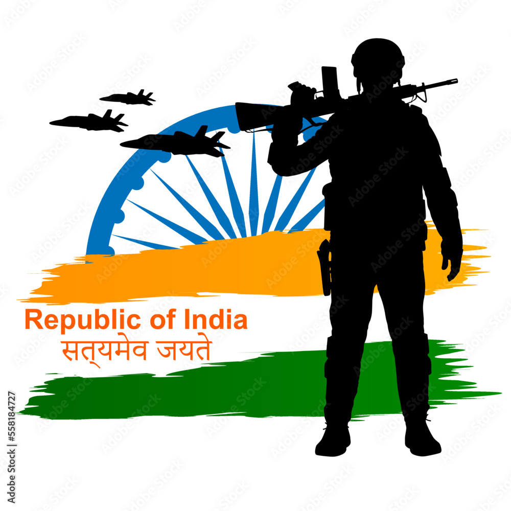 Indian Army soilder on background stylized flag of India. Background ...