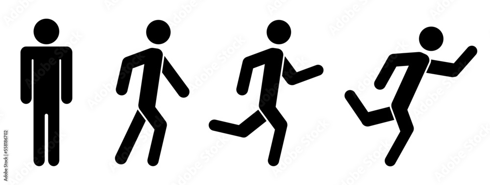 Stand, walk, run. Figure standing, walking and running. Vector sign set ...
