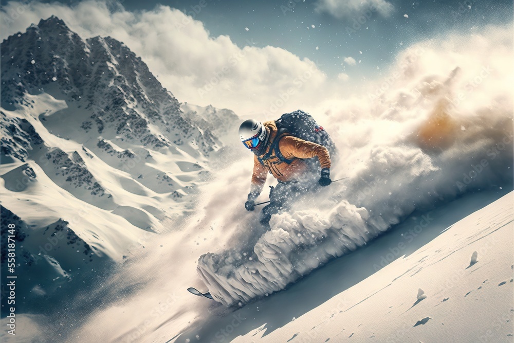 a man riding a snowboard down the side of a snow covered slope in front ...