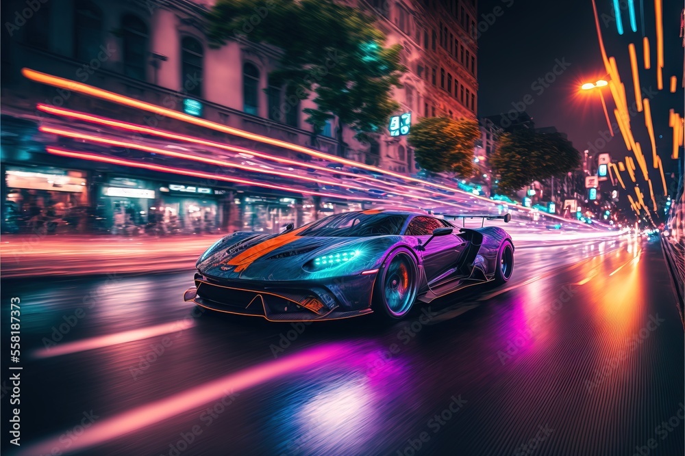 a sports car driving down a city street at night with neon lights on ...
