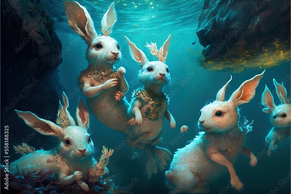 a group of rabbits swimming in the water with their heads turned to ...