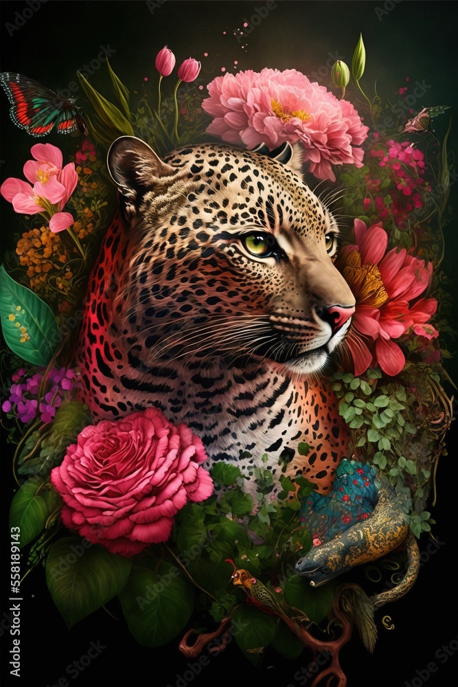 a painting of a leopard surrounded by flowers and a lizard on a black ...