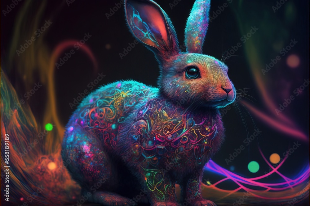 a digital painting of a rabbit sitting on the ground with a black ...