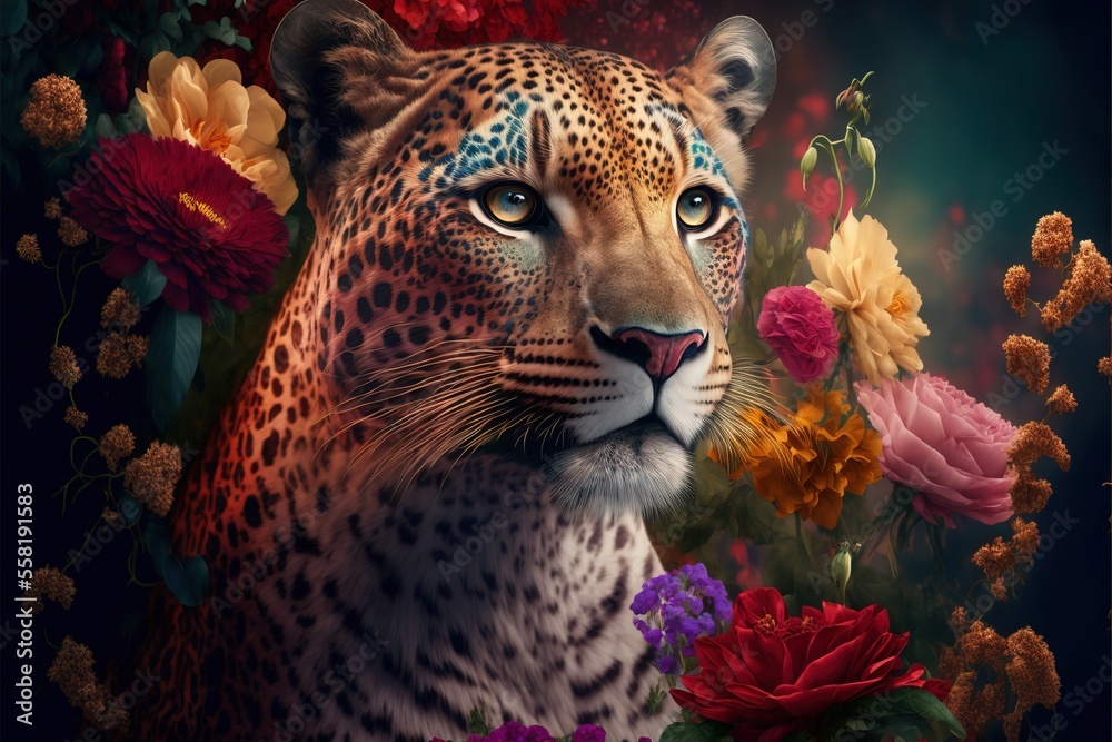 a painting of a leopard surrounded by flowers and flowers on a black ...