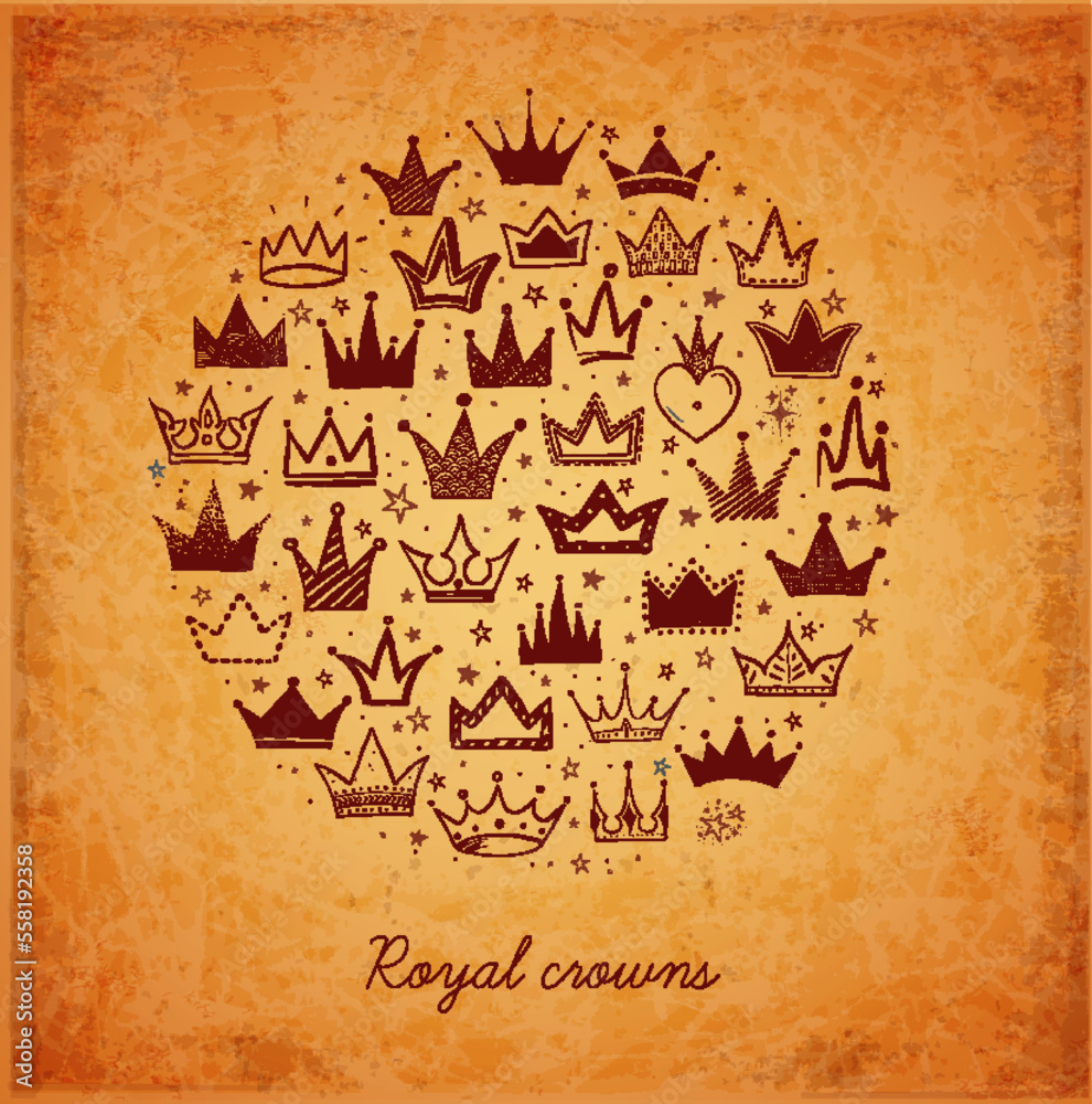 Card with doodle crowns in circle on vintage background. Vector sketch ...