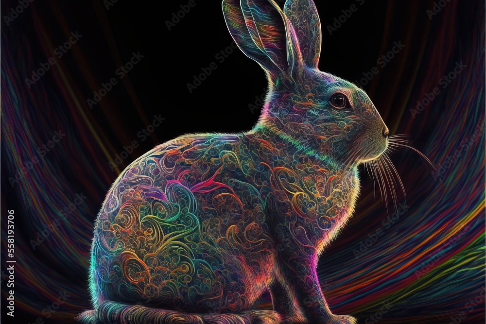 a colorful rabbit sitting in front of a black background with swirls on ...