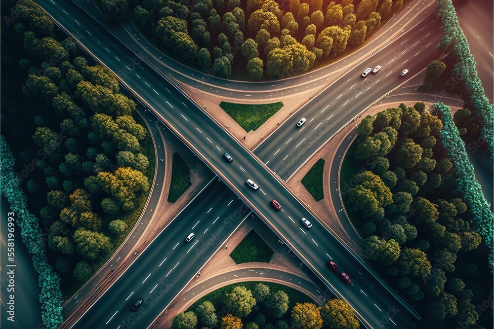 an aerial view of a highway intersection with cars and trucks driving ...