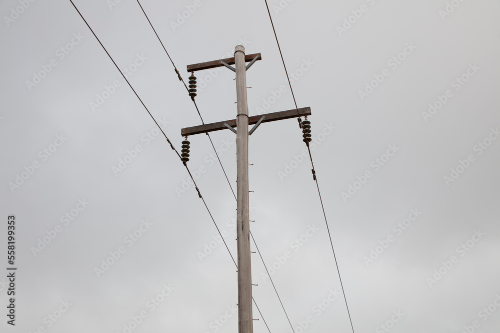 Photograph of a green wooden powerline pole with a multitude of ...