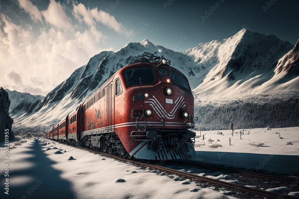 Beautiful red high speed train in snowy mountains at sunset in winter ...