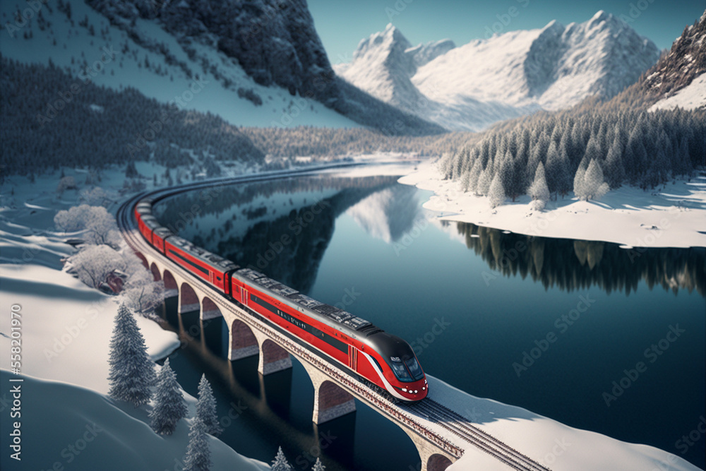 Aerial view of beautiful red high speed train on railway bridge in snowy mountains at sunset in ...