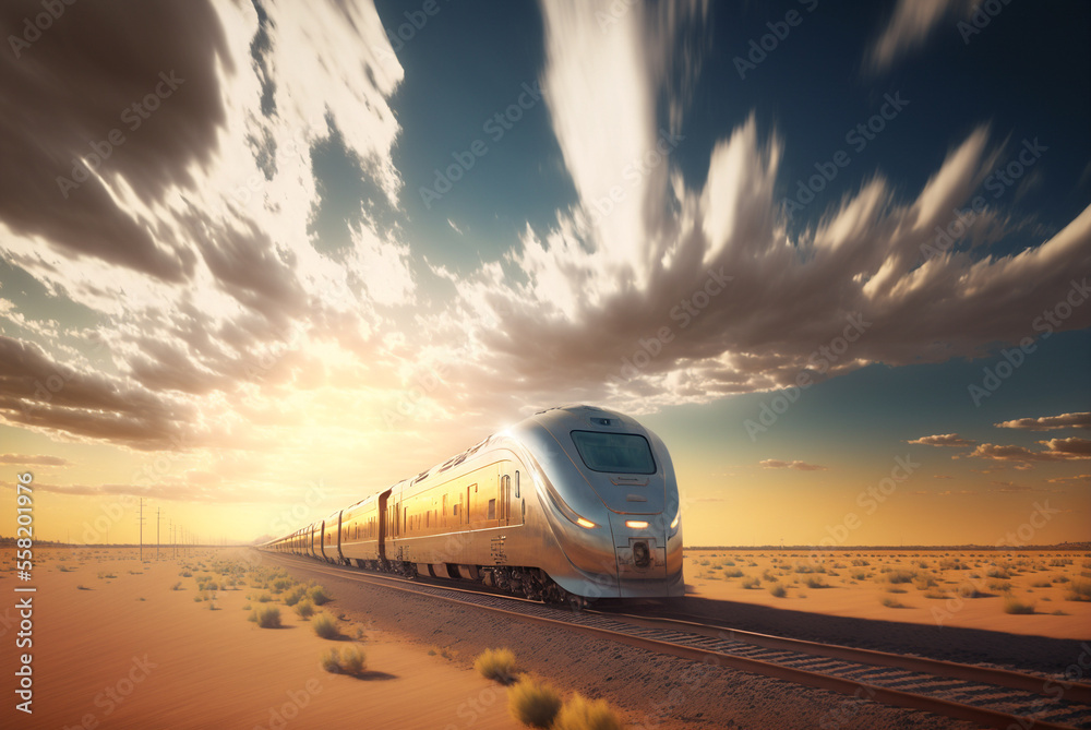 Beautiful high speed train in desert at sunset in summer. Generative AI ...
