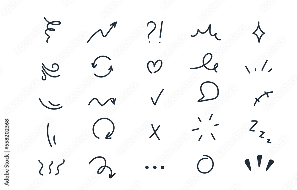 Set of hand-drawn cartoon expression sign doodle line stroke. Movement ...