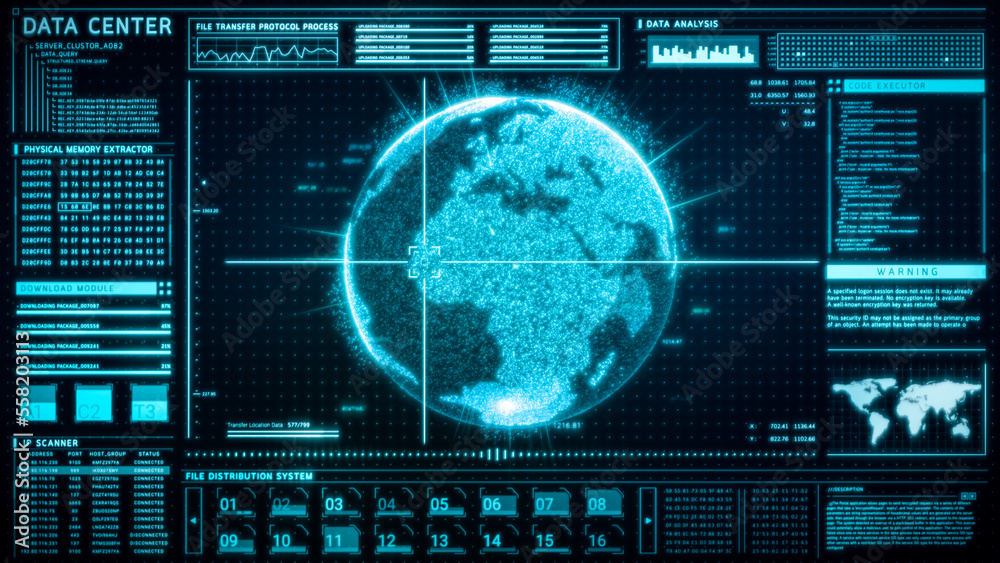 Futuristic digital cyber security data center user interface screen ...
