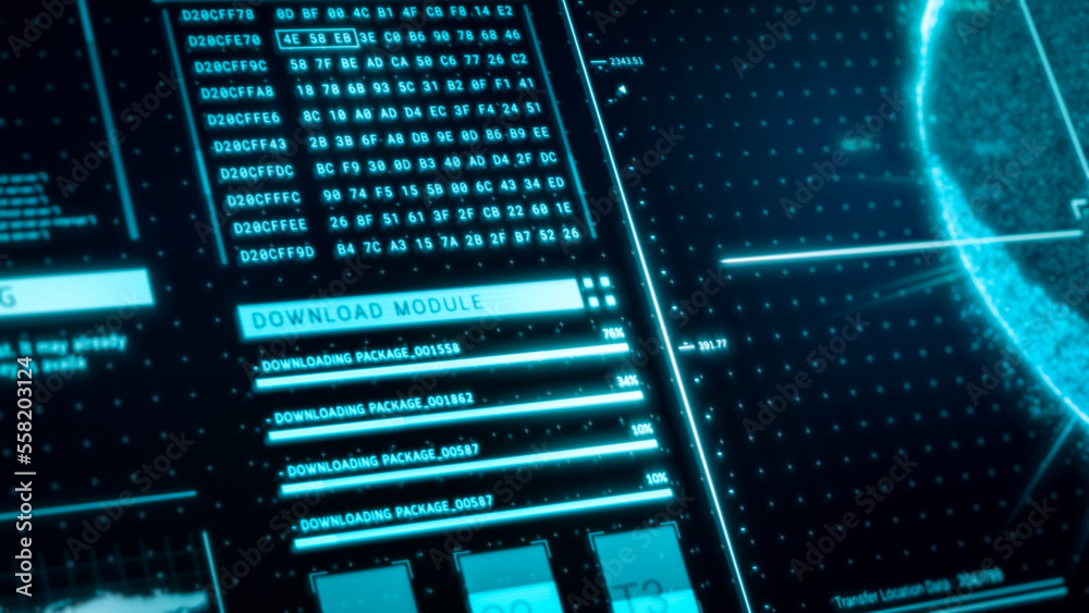 Close-up Futuristic digital cybersecurity data center interface screen ...