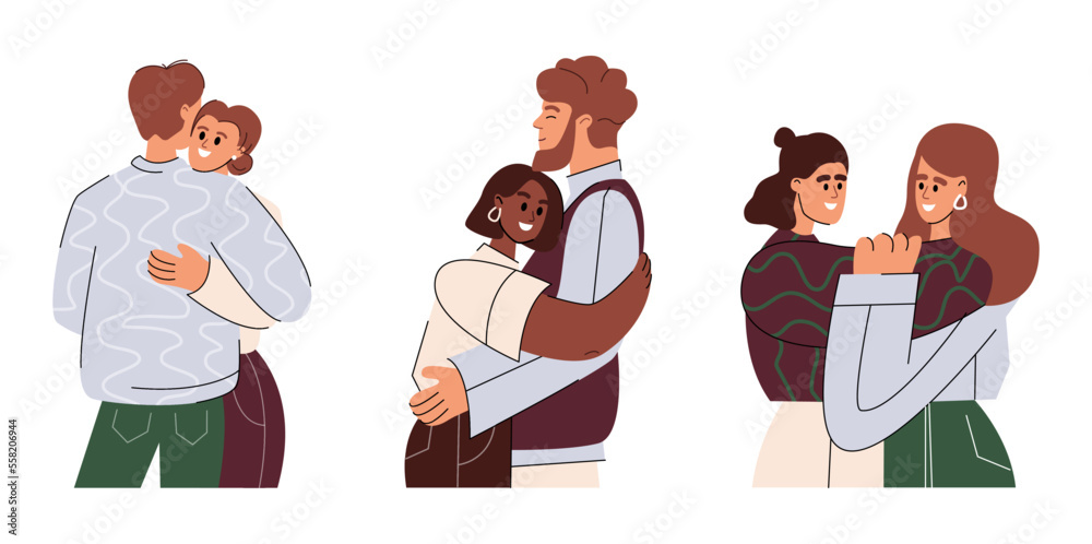 Set of different cartoon people hugging feeling love and positive ...