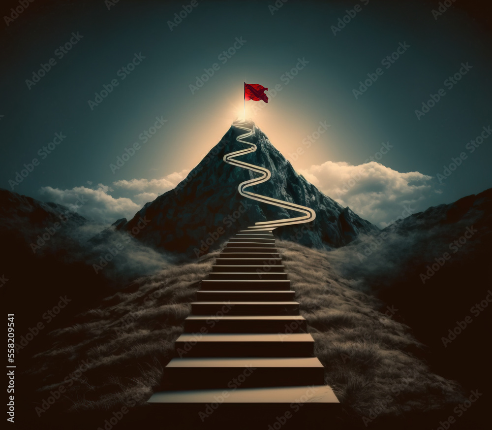 Path to success with flag on top of mountain and path leading to it ...