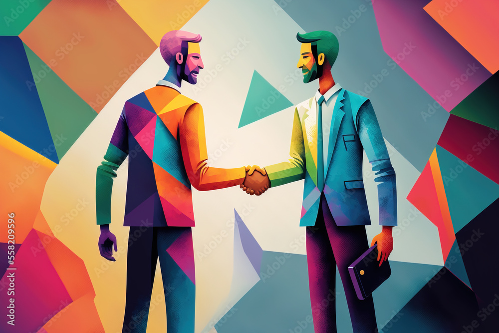 Colorful business agreement concept, with two men shaking hands ...