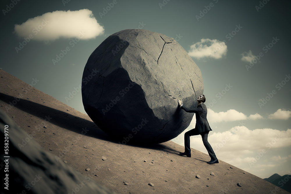 Sisyphus concept with businessperson pushing huge rock up the hill ...