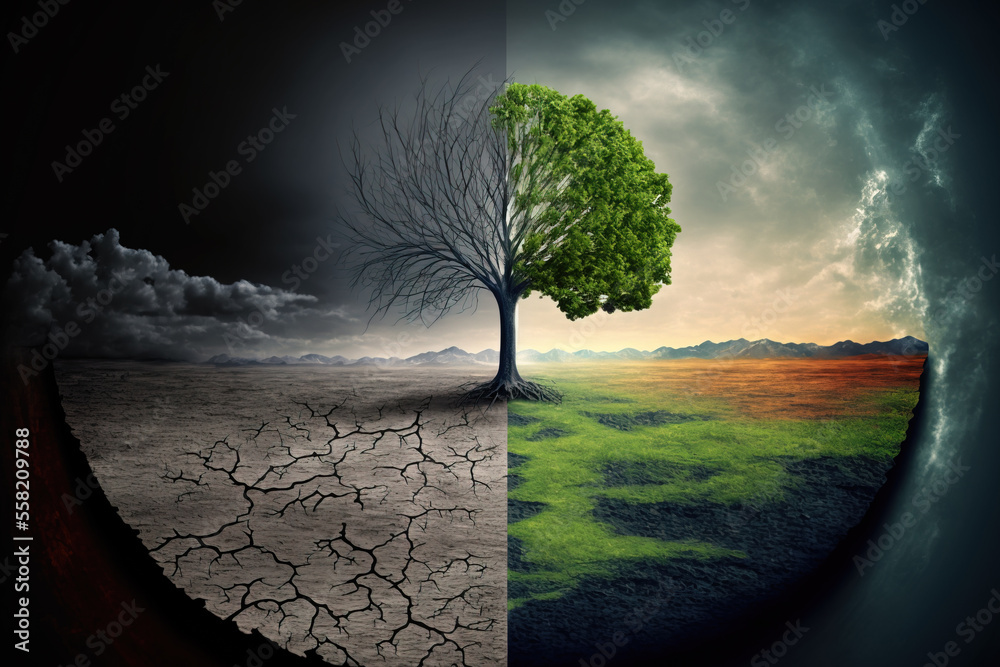 Climate change concept, with split scene of tree half dead and half green , Generative AI ...
