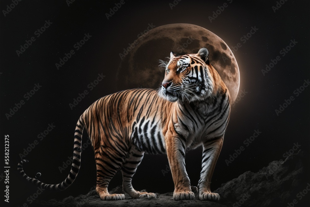 tiger with black isolated background , moon night lunar new year zodiac ...