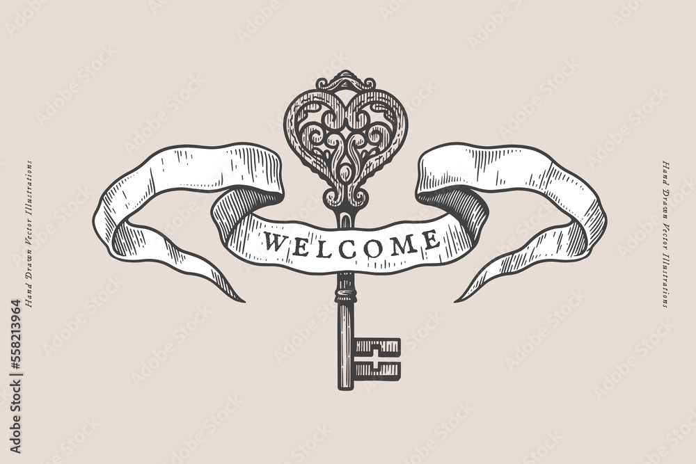 Ribbon with the word Welcome and antique engraved carved key. Vintage ...