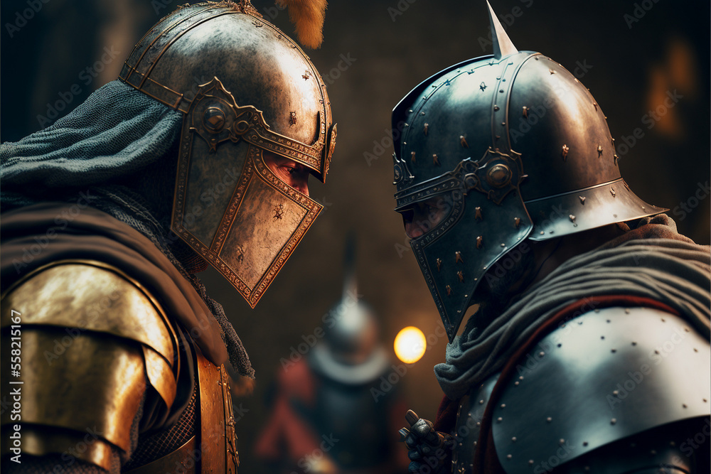 Illustrazione Stock battle of the views of two medieval warriors in ...