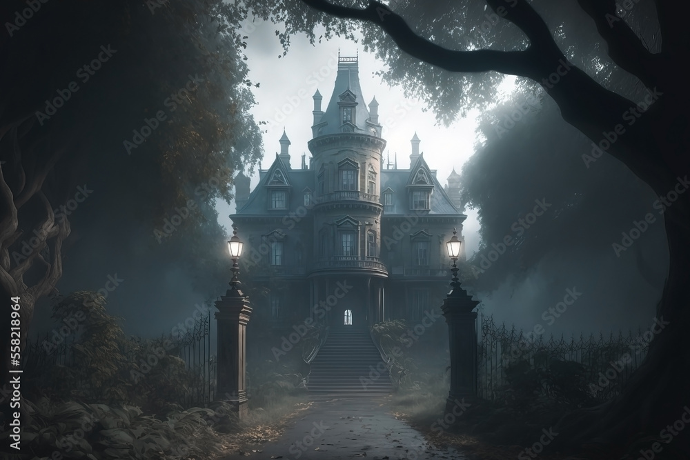entrance to a large spooky three story mansion with a chimney and attic ...