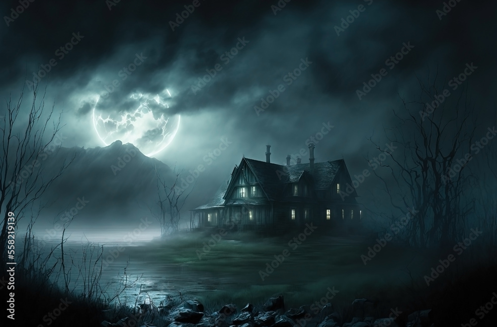 Creepy Cabin in the Forest at Night. Wood hut. Wood cabin. Stormy ...