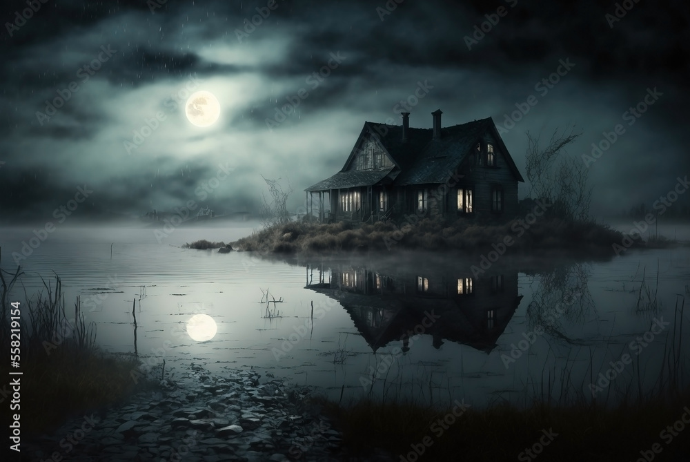 Creepy Cabin in the Forest at Night. Wood hut. Wood cabin. Stormy ...