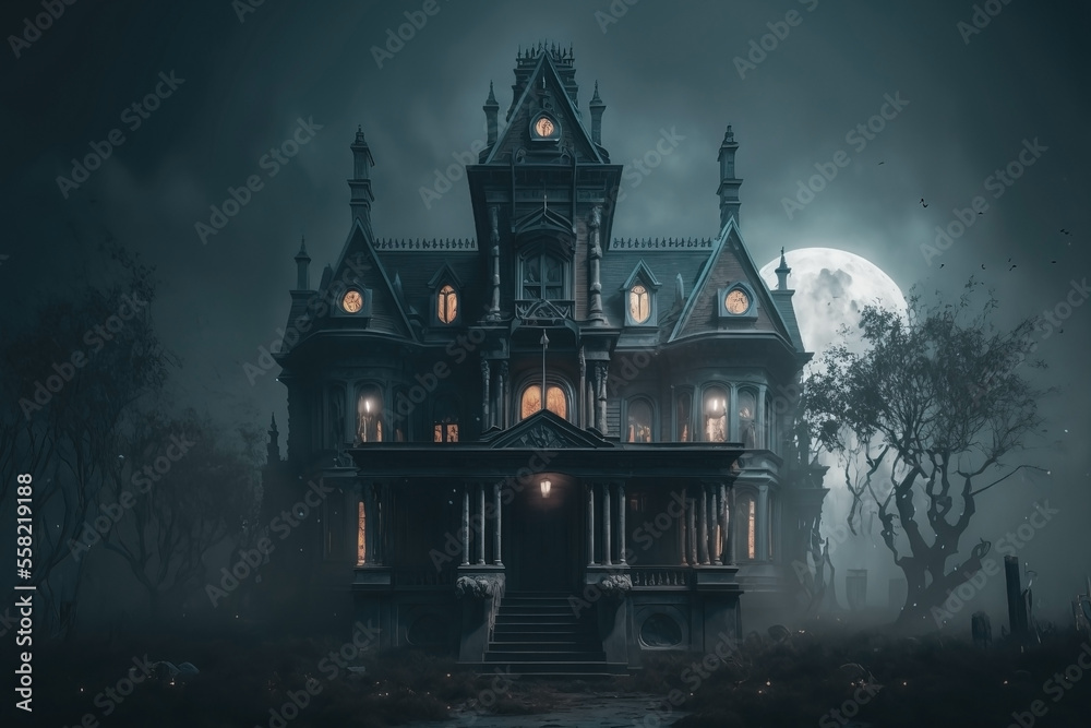 Haunted Mansion with a Stormy Sky. Full moon. Horror sky with glowing ...