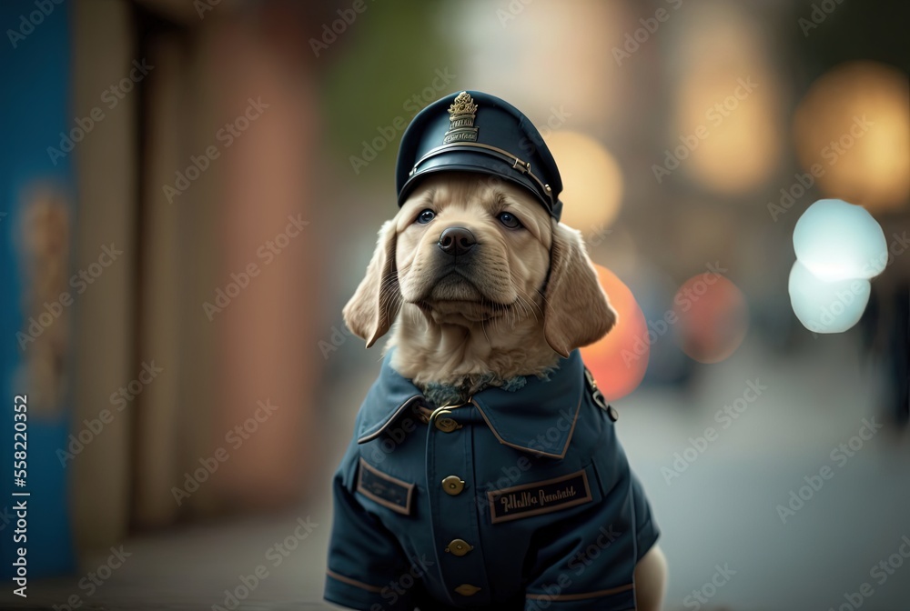 illustration of a dog wearing fashion costume or disguise as police ...