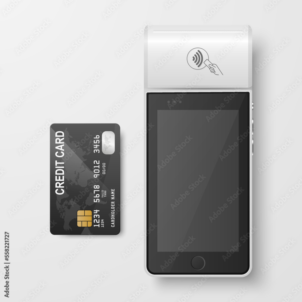 Vector 3d White NFC Payment Machine and Credit Card Isolated. Wi-fi, Wireless Payment. POS ...