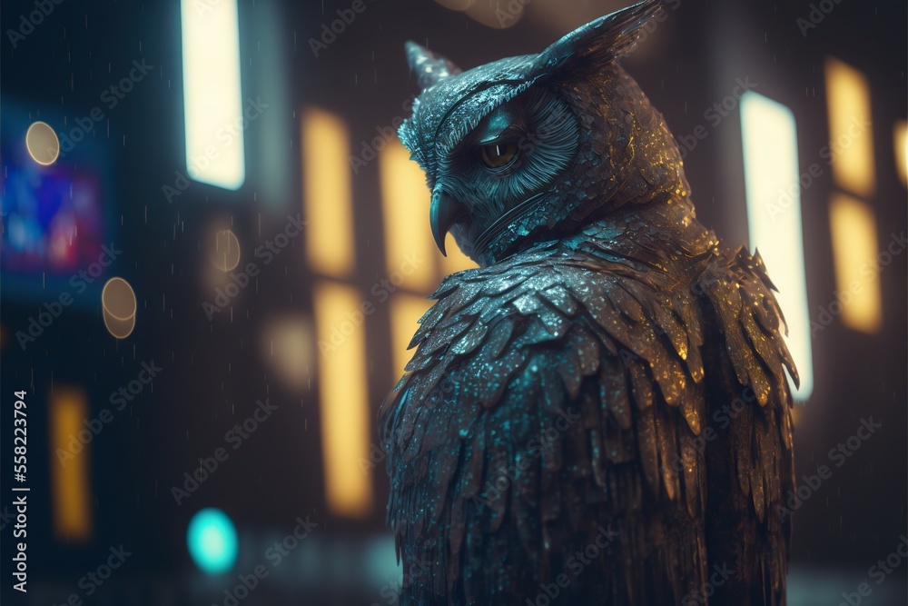 Photo & Art Print Humanoid mutant owl man, black night city bokeh ...