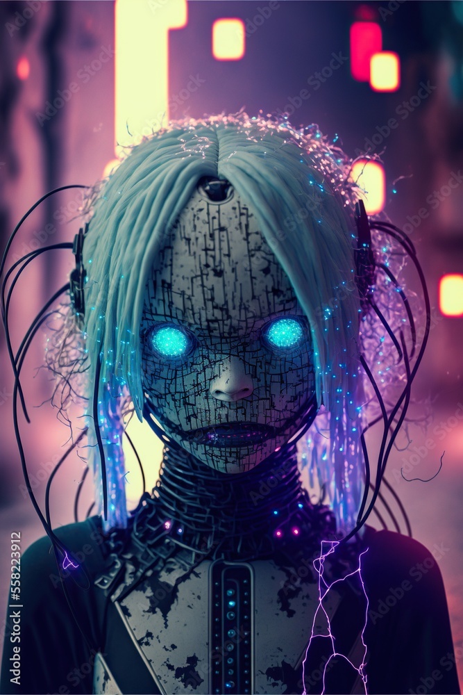 Sad broken android humanoid robot in the dystopian future. Generative ...