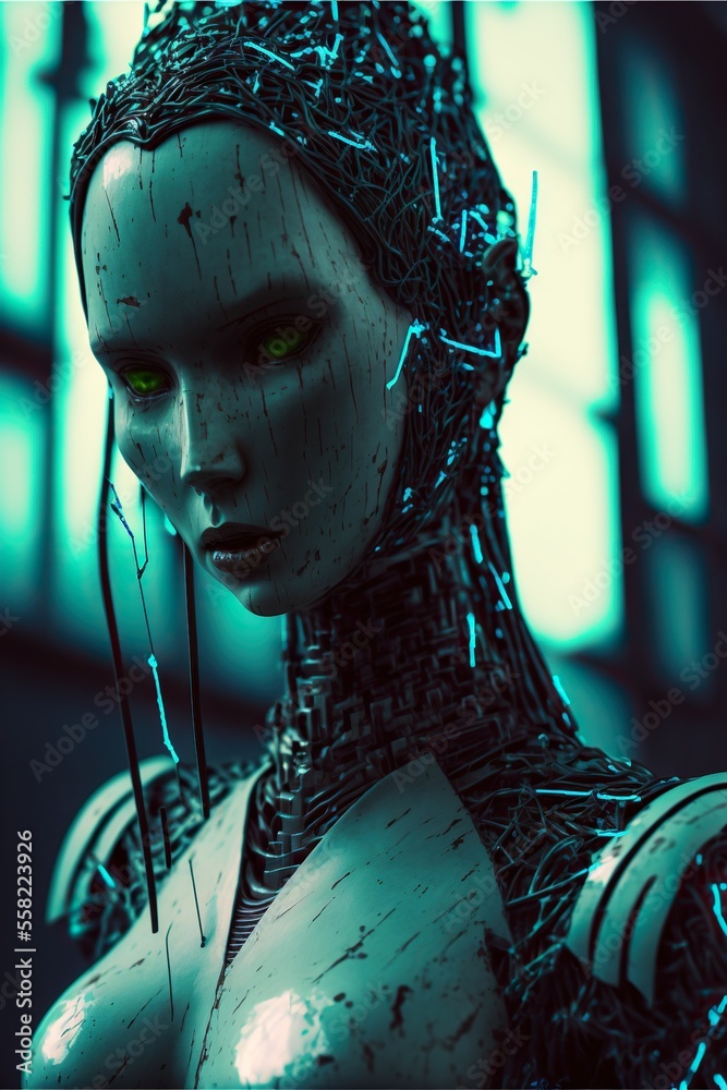 Sad broken android humanoid robot in the dystopian future. Generative ...
