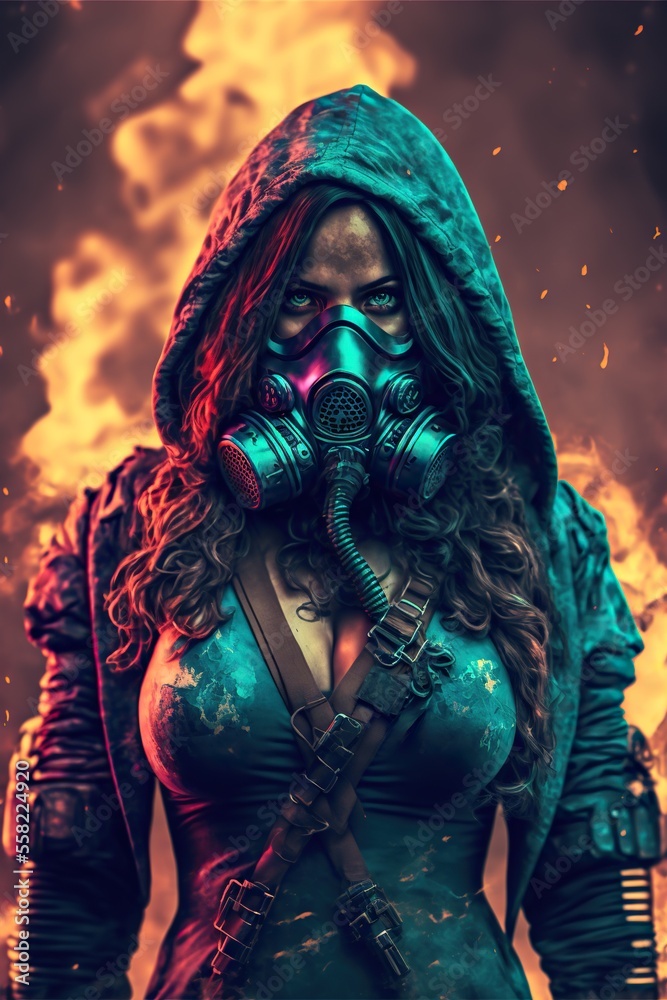 Hot apocalypse woman with gasmask in the apocalypse fire, hooded gas mask female. Generative AI ...