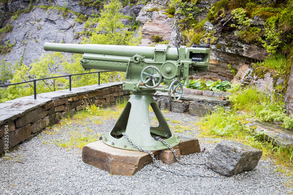 Historic artillery gun located at the bratte fossen mountain pass road ...