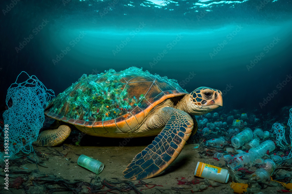 Dangers of Plastic Pollution for Turtles and Other Marine Life. Stock ...