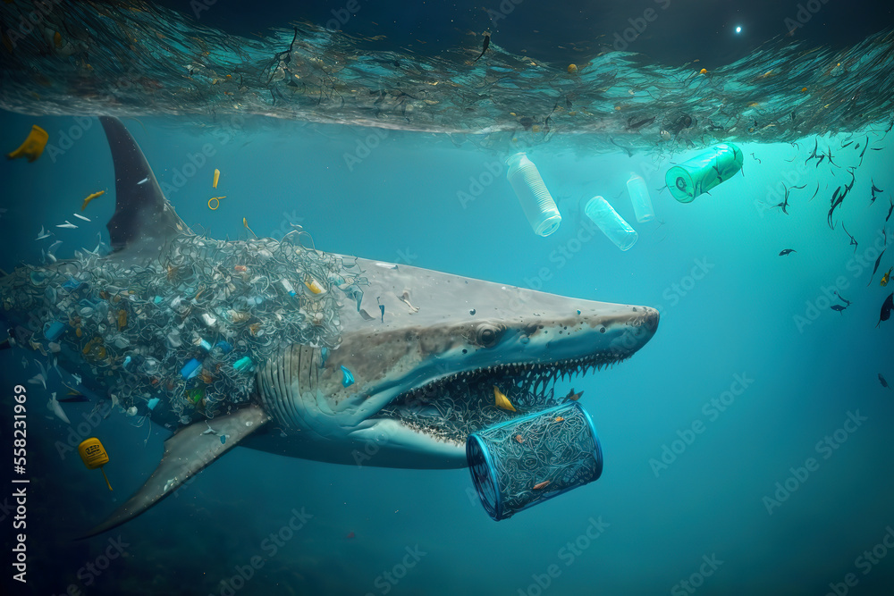 Tragic Reality of Plastic Pollution, a Shark Swimming in a Sea of ...